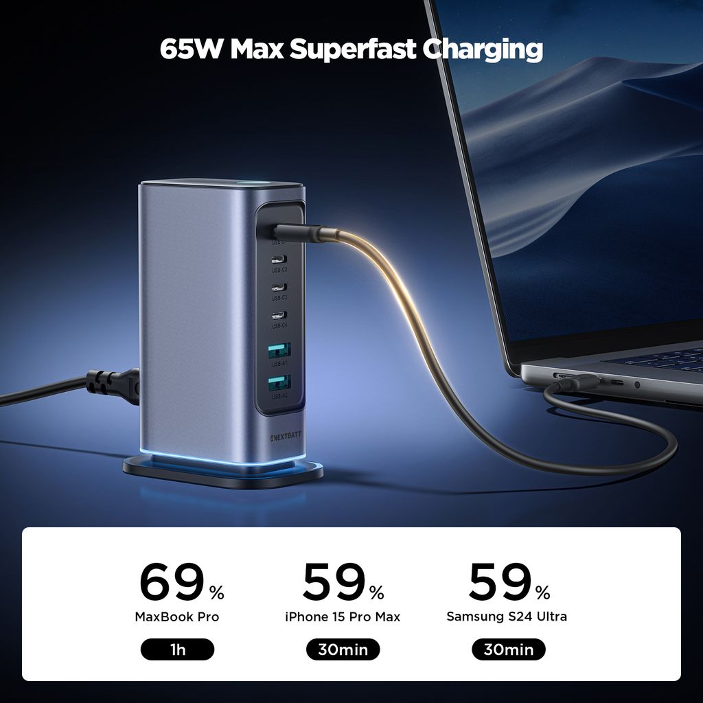 NEXTBATT 6-i-1 65W GaN Multi USB-laddare 4 USB-C & 2 USB-A - Teknikdelar.se